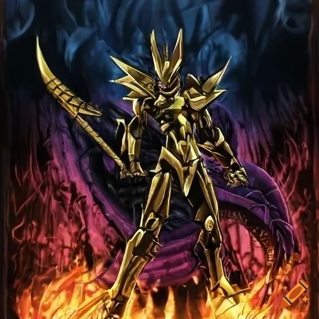 Dark golden knight battling a dragon in Yu-Gi-Oh card artwork on Craiyon