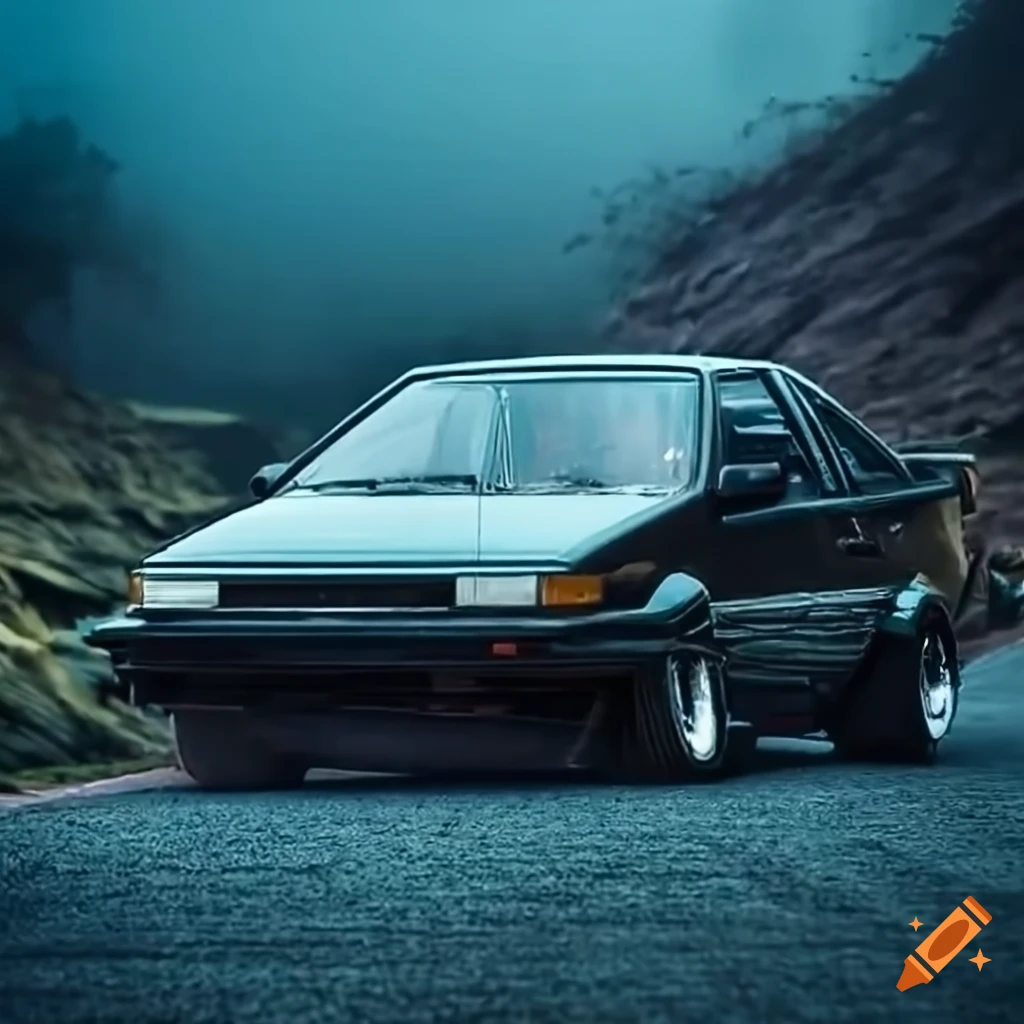 Ae86 drifting in front of a mountain on Craiyon
