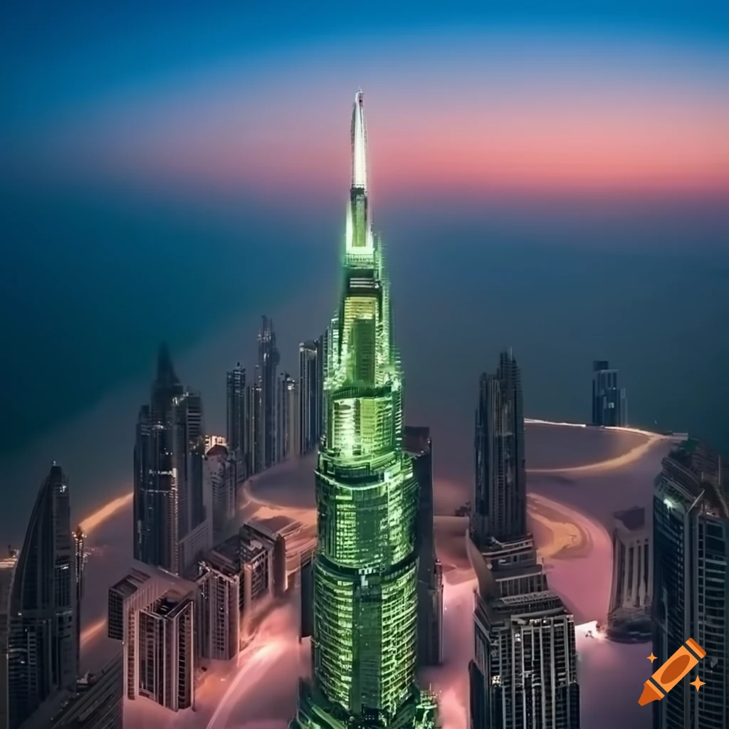 Aerial view of Dubai skyline at dusk with greenish hue in the sky on ...