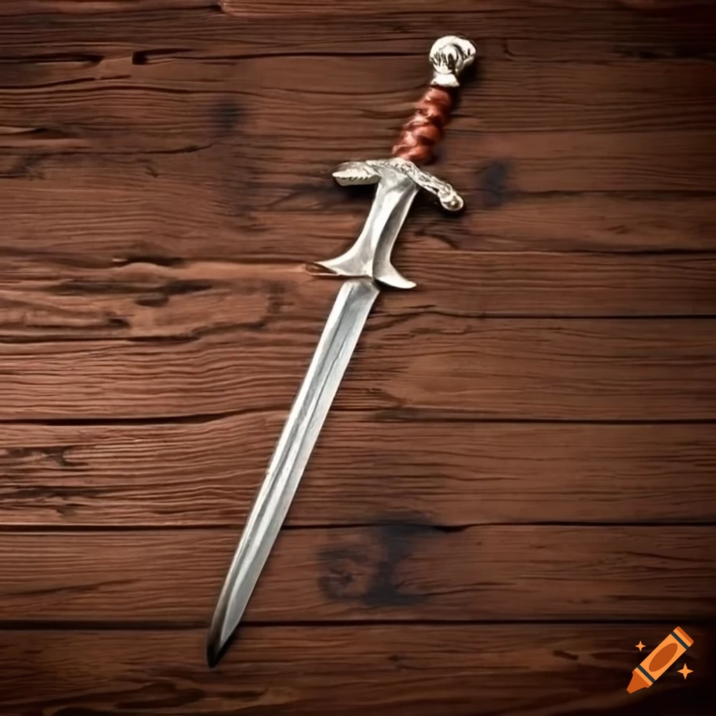 Copper and silver sword on a wooden table on Craiyon