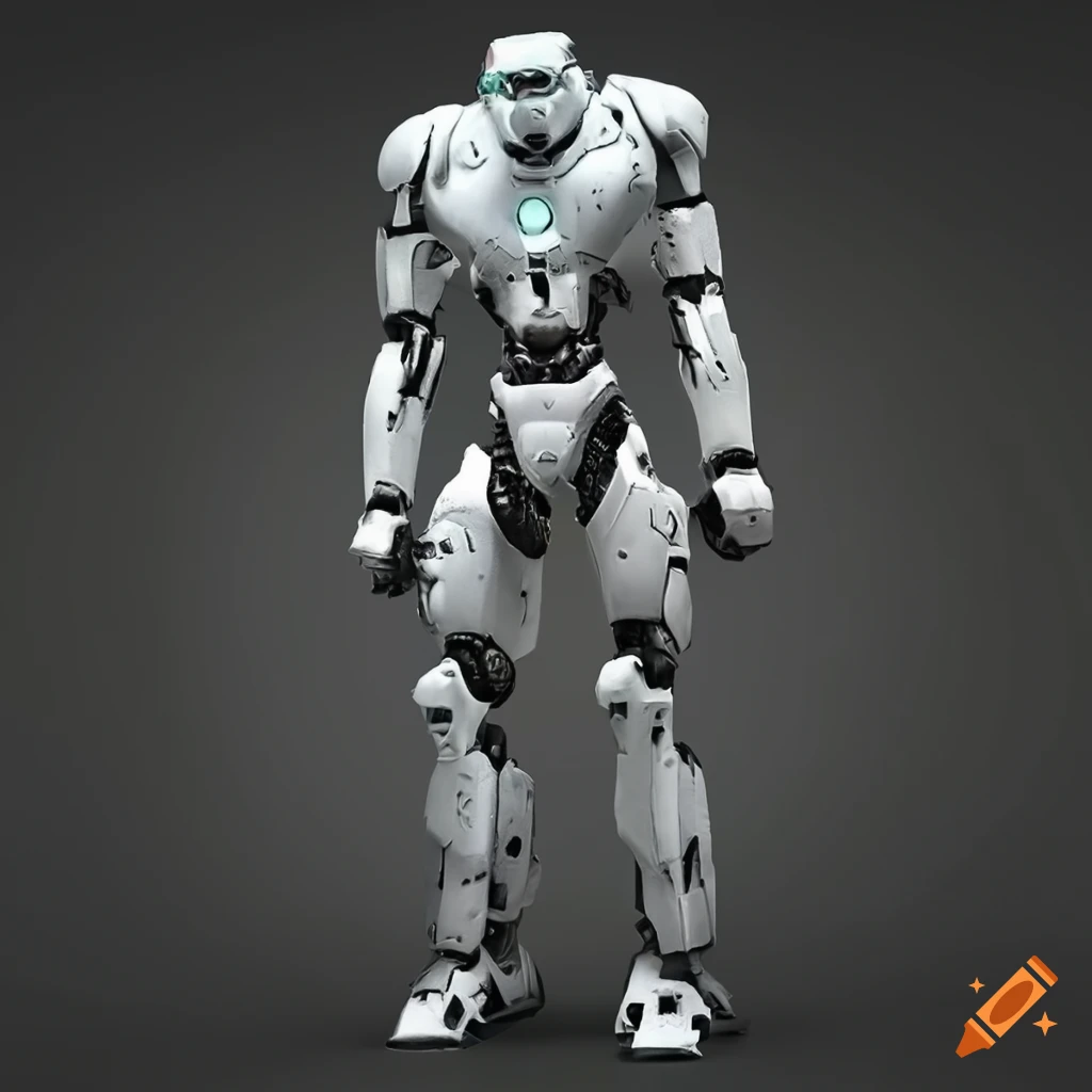 White futuristic war robot with club fists in full body view on Craiyon