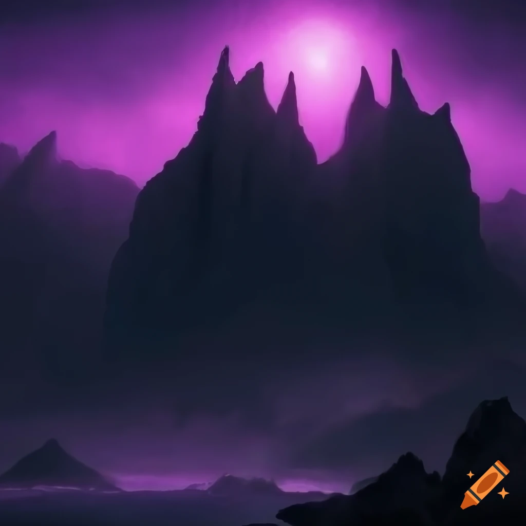 Dark landscape with rocky cliffs and demonic creatures under a purple ...