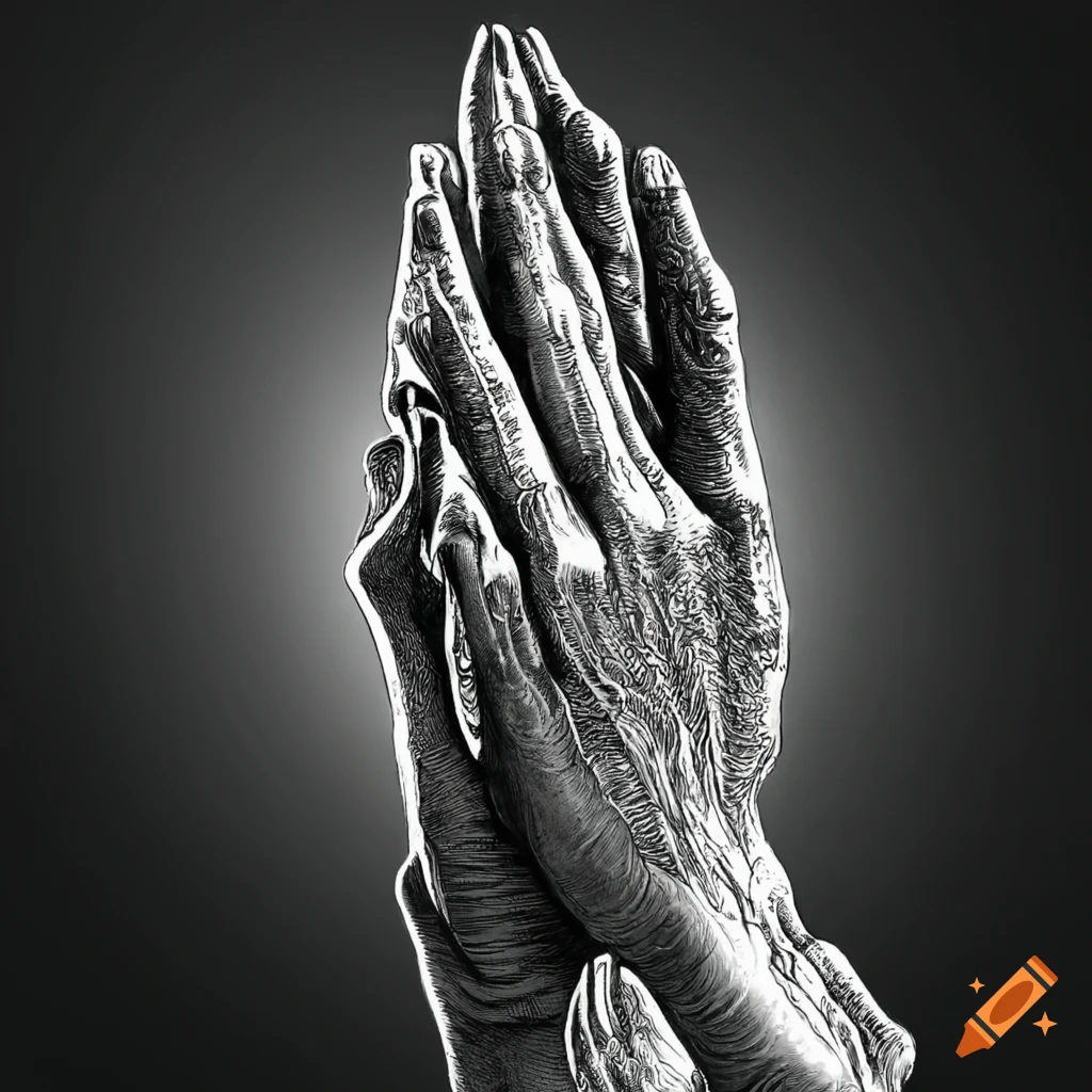 Highly detailed monochrome etching of praying hands on Craiyon