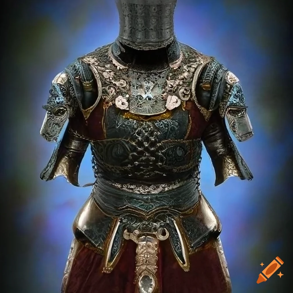 Close-up view of a heavily adorned magic body ringmail cuirass on Craiyon