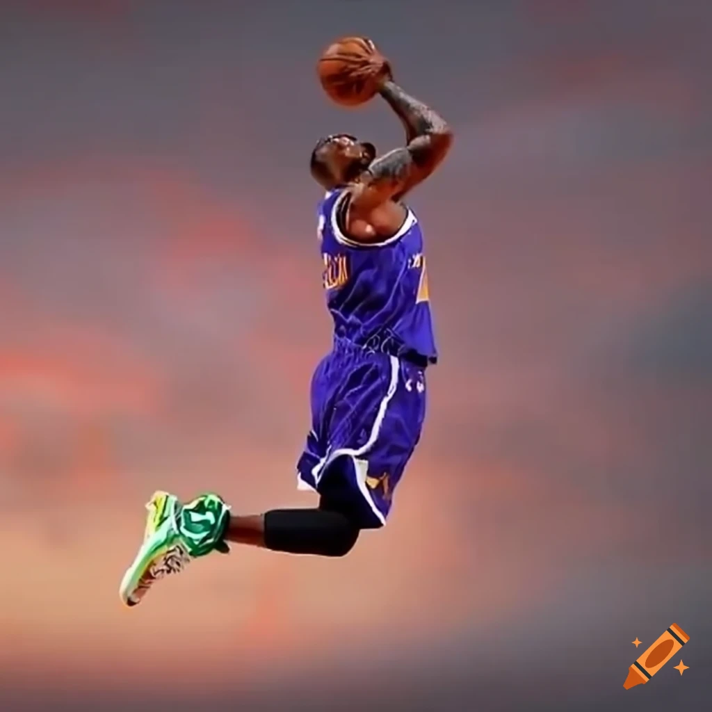 Lebron james mid-air slam dunk from an angle on Craiyon