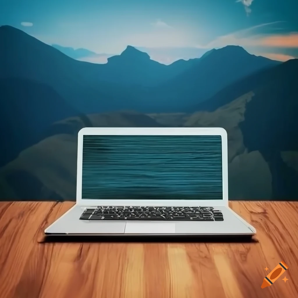 Laptop with open code editor and coffee on a wood table with mountains ...