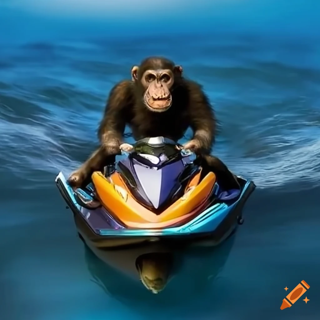 Chimpanzee riding jet ski on Craiyon