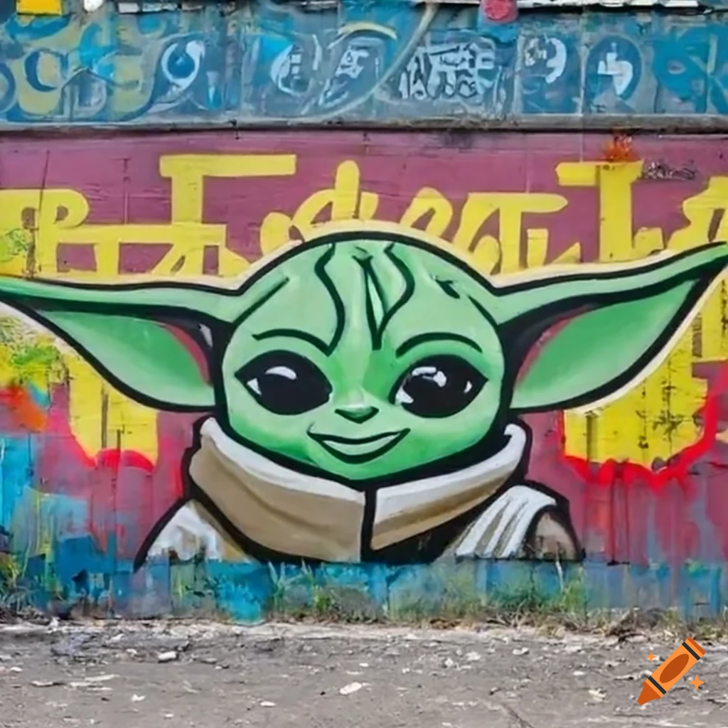 Graffiti of baby yoda covered by vines on a wall on Craiyon