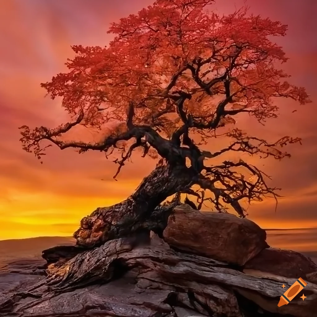Twisted red maple tree on rocky mountaintop at sunset on Craiyon
