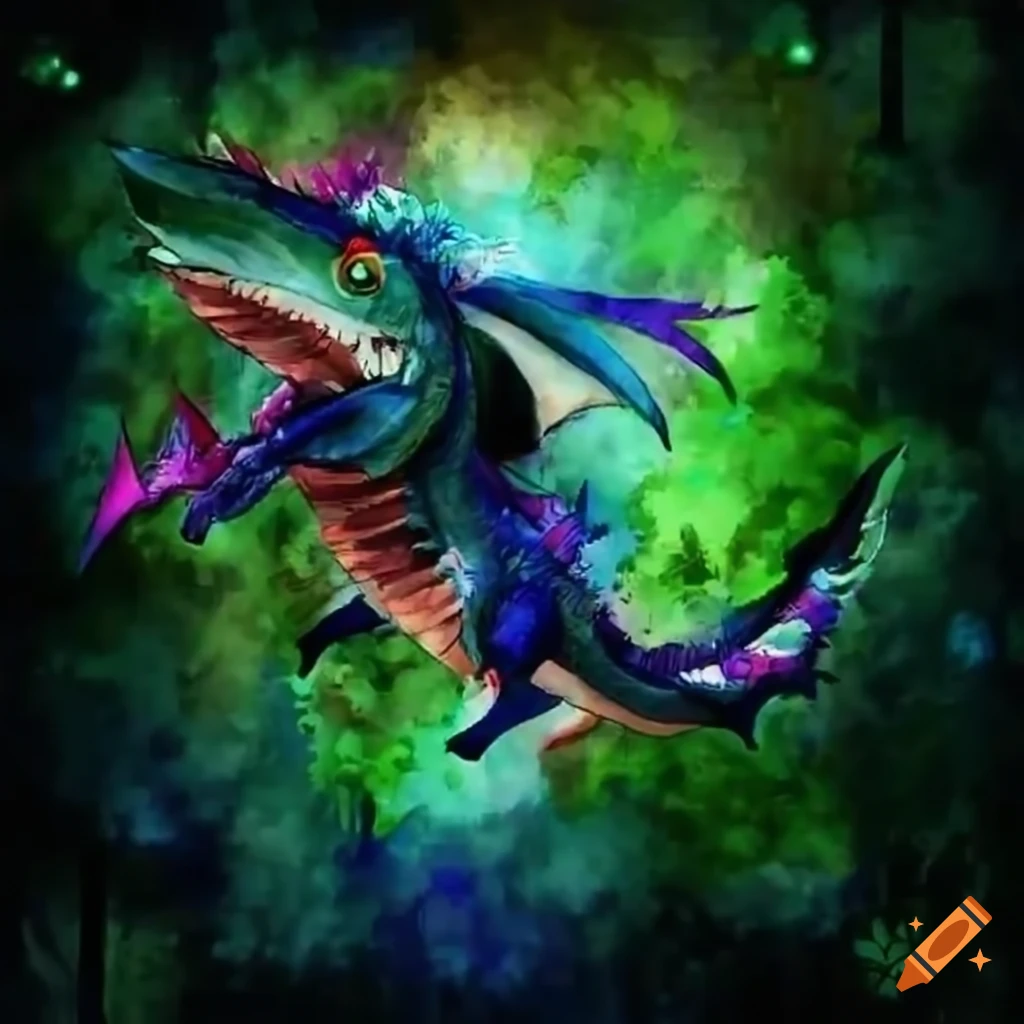 Mythical dragon-shark creature flying over an enchanted forest on Craiyon