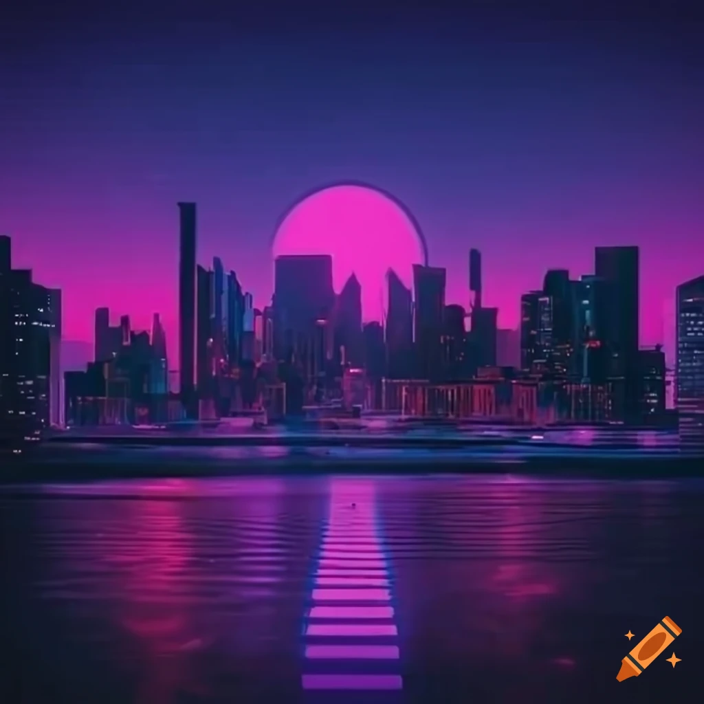 Synthwave cityscape with bokeh effect on Craiyon