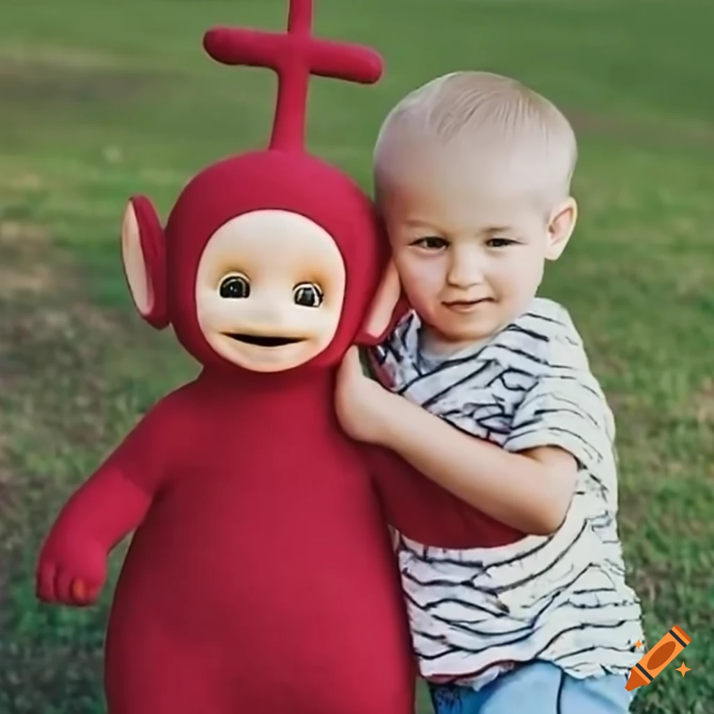 Female teletubby offering piggyback ride to a boy on Craiyon