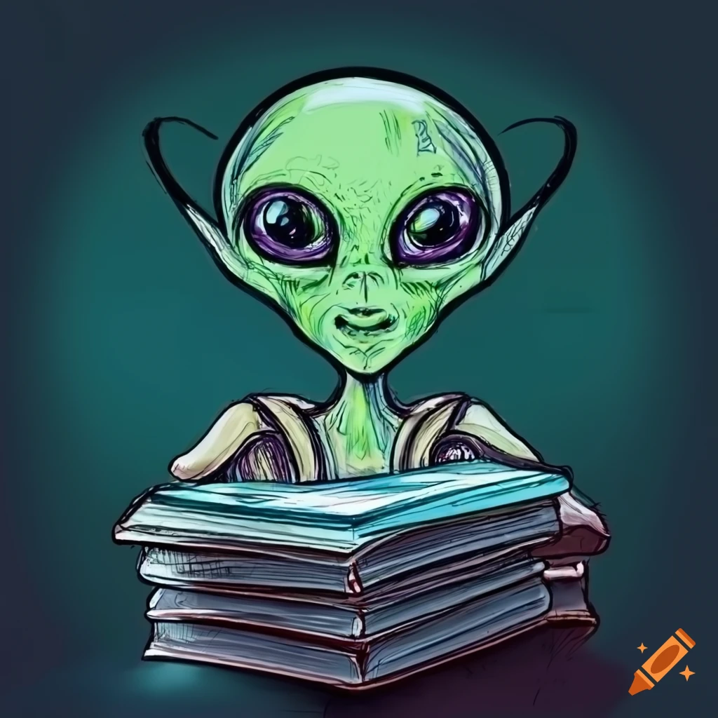 Alien librarian surrounded by book stacks on Craiyon