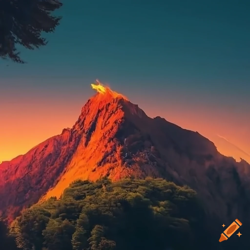 Stunning view of a mountain with a blazing fire at its peak surrounded ...