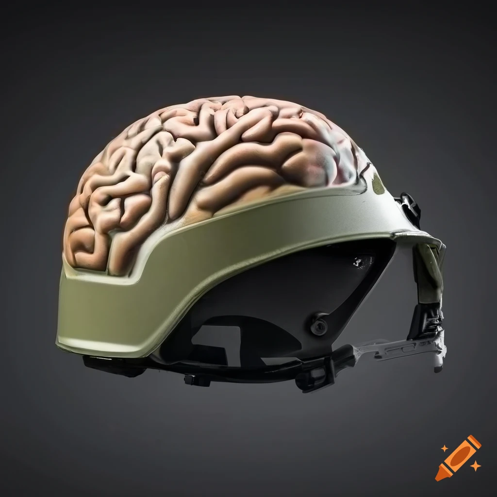Tactical helmet fused with a brain on black background on Craiyon