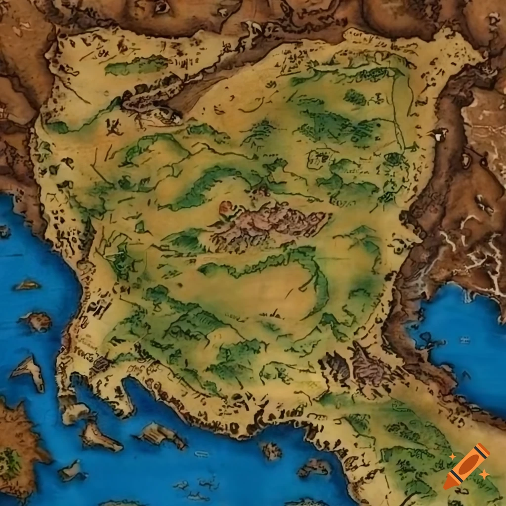 Ancient fantasy map of a small peninsula on Craiyon