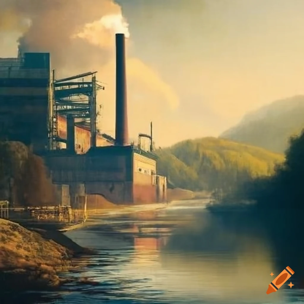 Industrial factory releasing steam over a scenic river on Craiyon