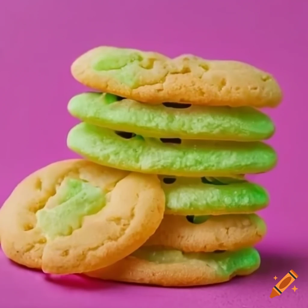 Colorful yellow gummy cookies with green jelly filling on Craiyon