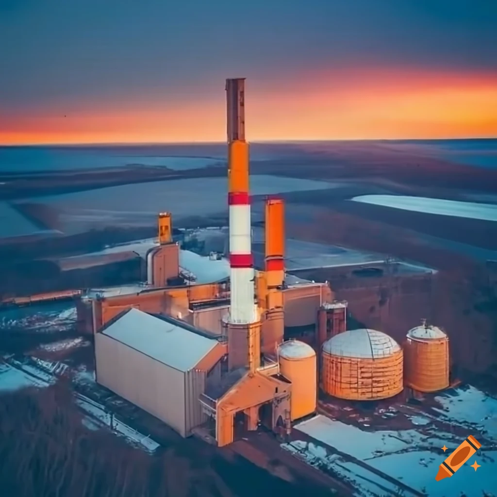 Modern wood gas factory producing gas during the day from an aerial ...