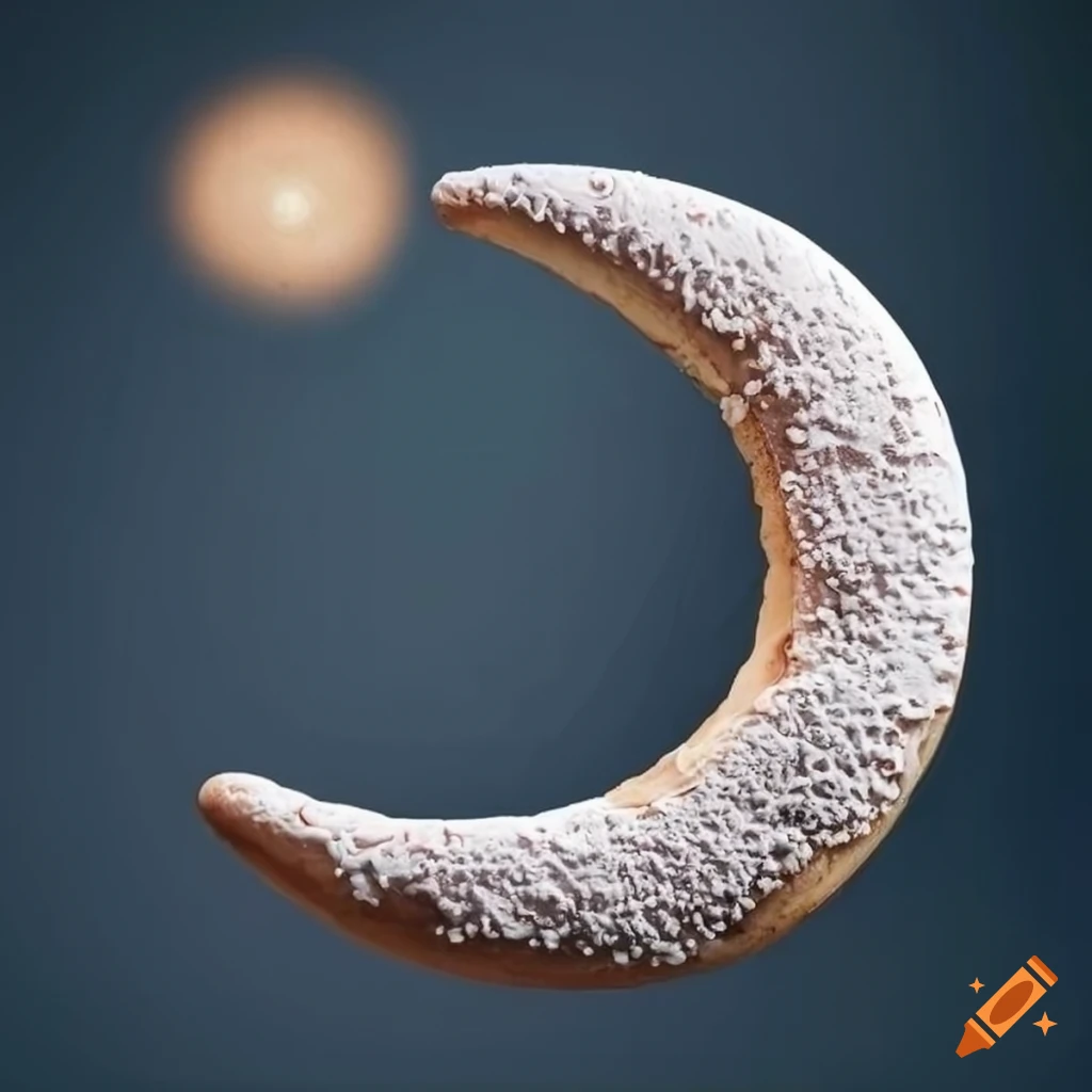 Crescent moon shaped cookie with powdered sugar decoration on Craiyon