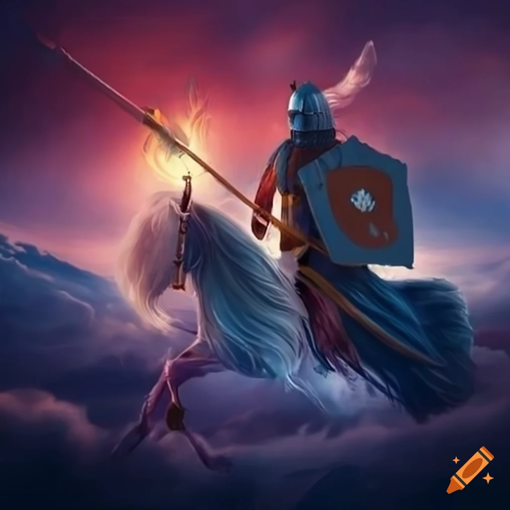 Medieval warrior riding a magical cloud horse on Craiyon