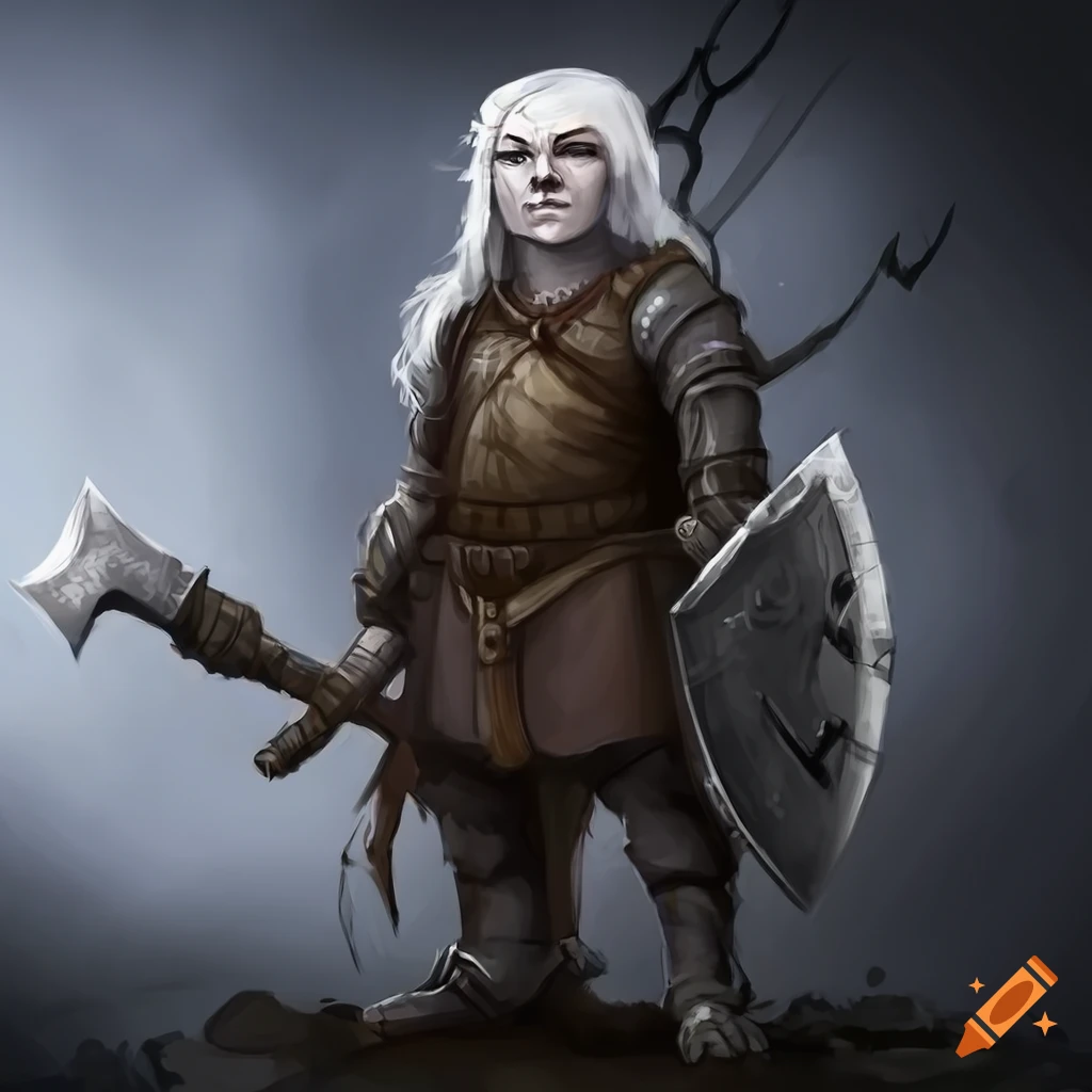 Detailed portrait of a robust halfling warrior in armor with battle axe ...