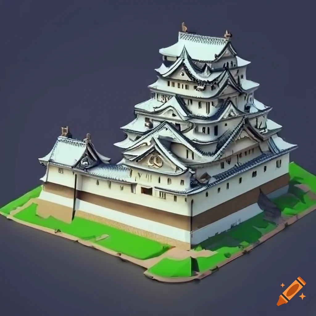 Isometric pre-rendered model of himeji castle on Craiyon