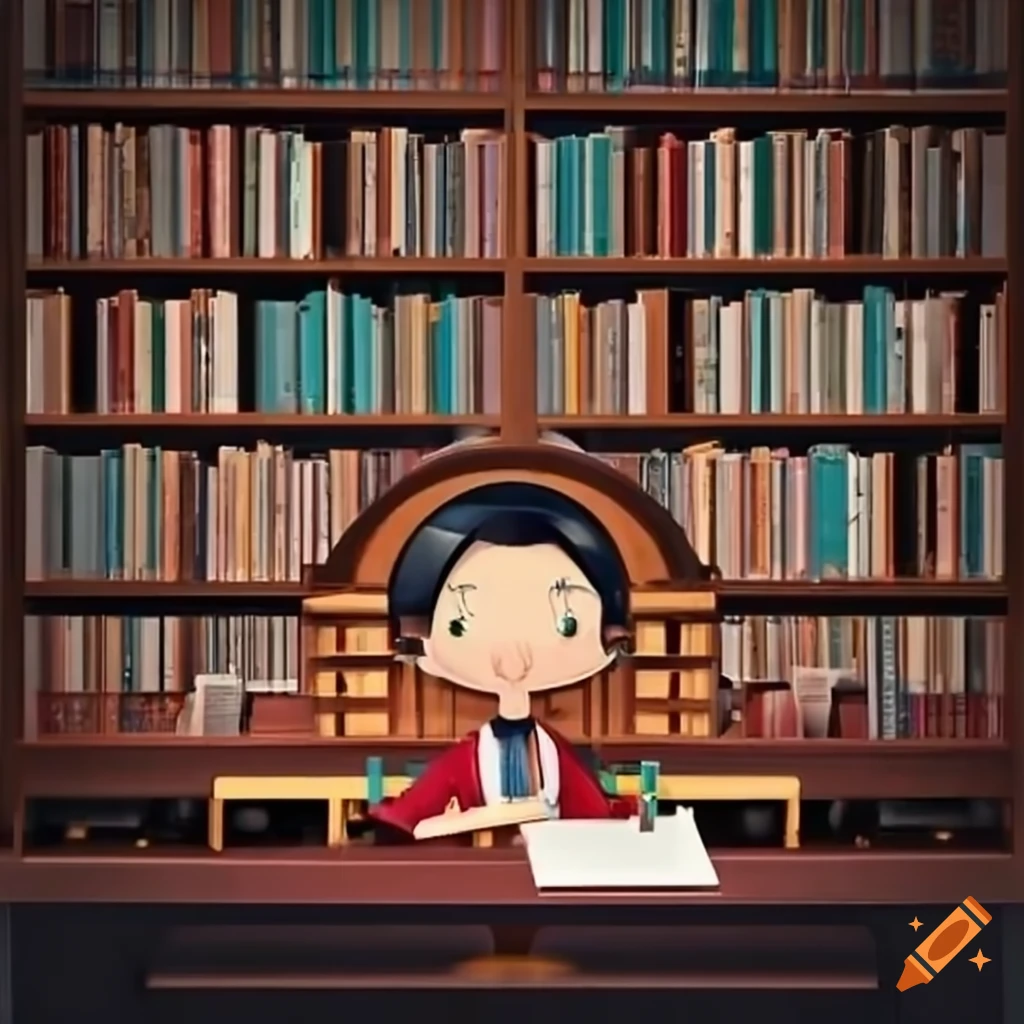 Library entrance with librarian at desk on Craiyon