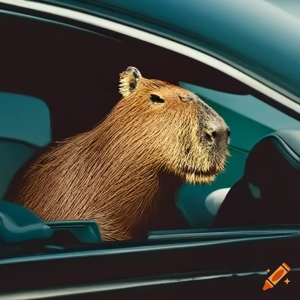 Relaxed capybara driving a car in a fun scene on Craiyon