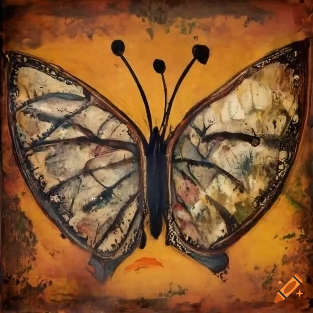 Abstract butterfly on a wood table with etchings in medieval style on ...