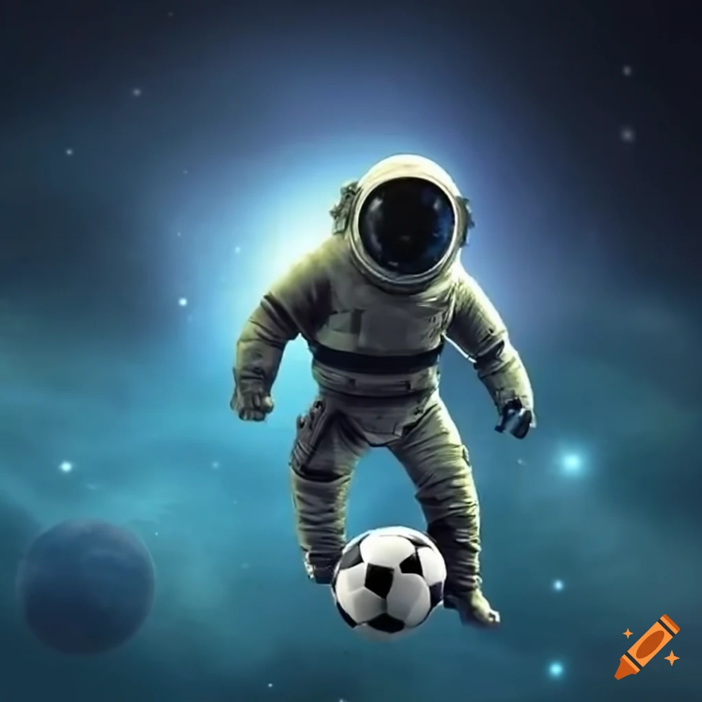 Spaceman playing football on an alien planet on Craiyon