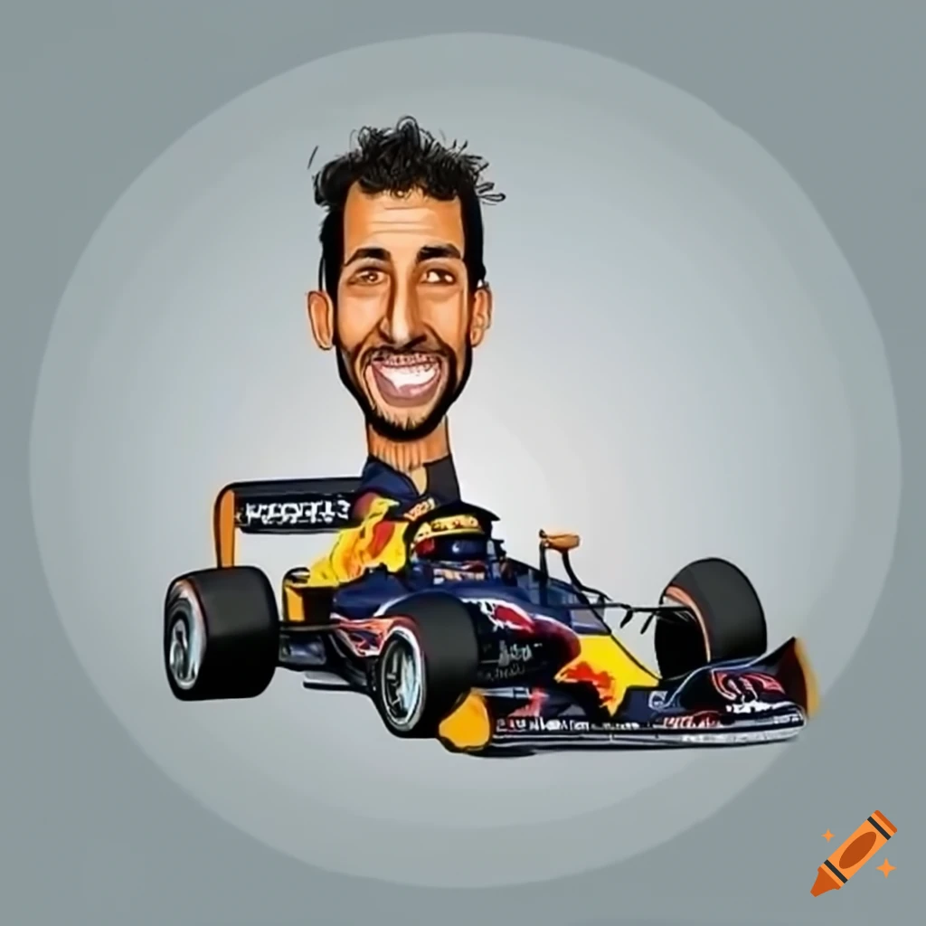 Caricature of daniel ricciardo in a formula 1 car on Craiyon