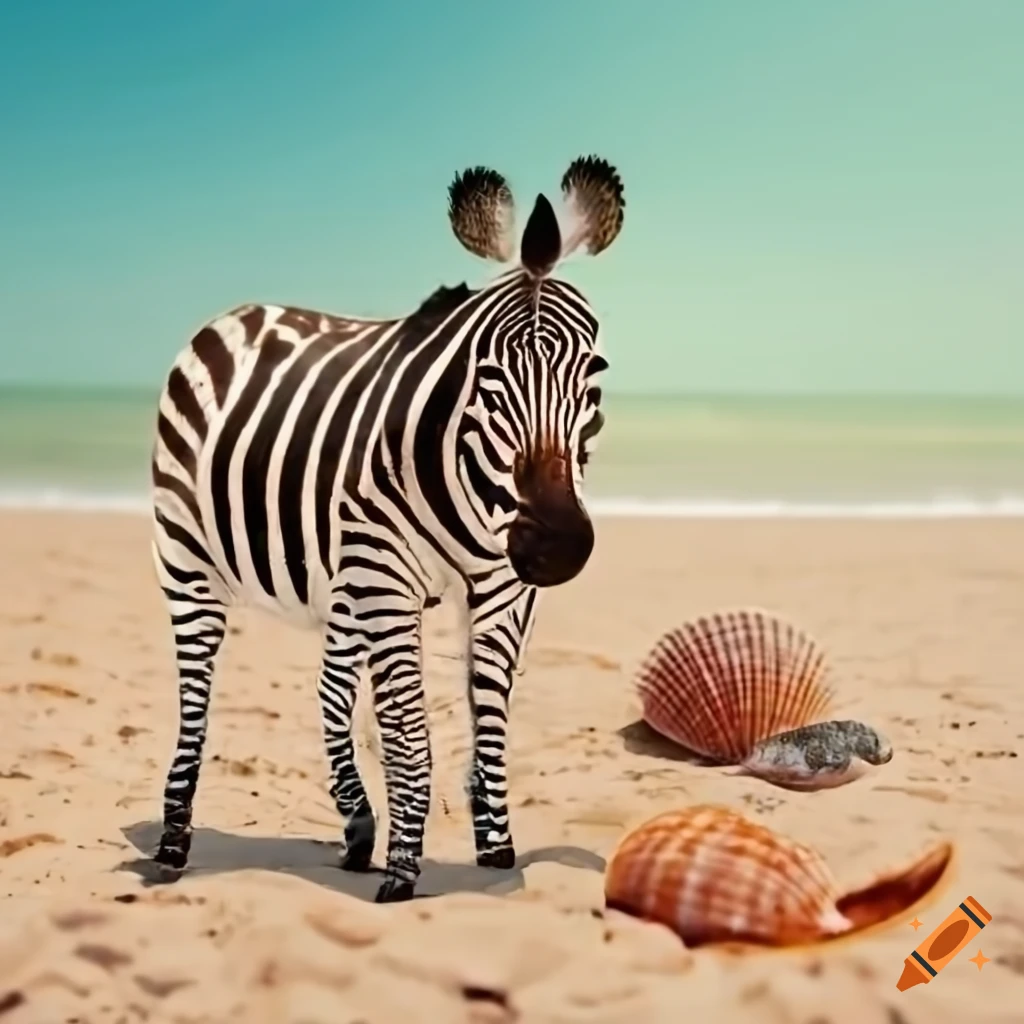 Zebra on beach with shells on Craiyon