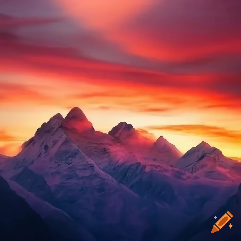 Double sunset behind mountains with colorful skies and clouds on Craiyon