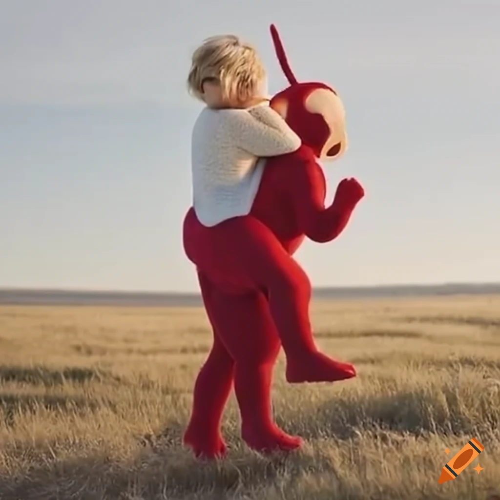Female teletubby offering to carry a boy piggyback on Craiyon