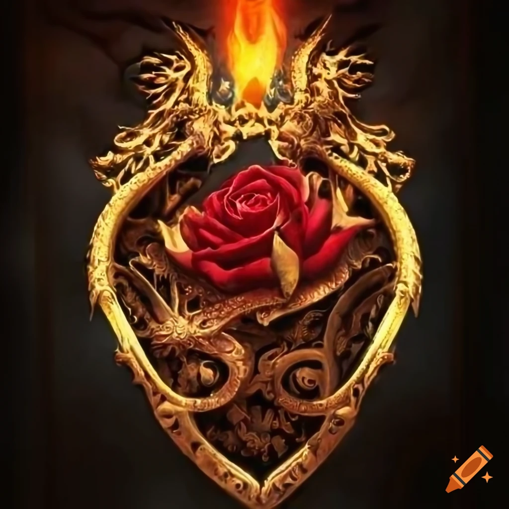 Heraldic crest with red rose, golden dragon, and flames in a shield on ...