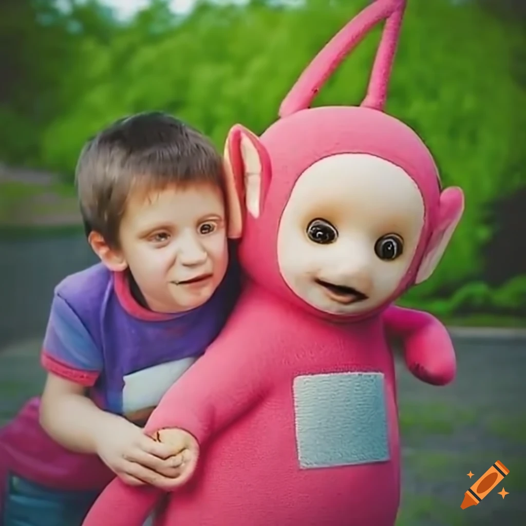 Female teletubby offering piggyback ride to a boy on Craiyon