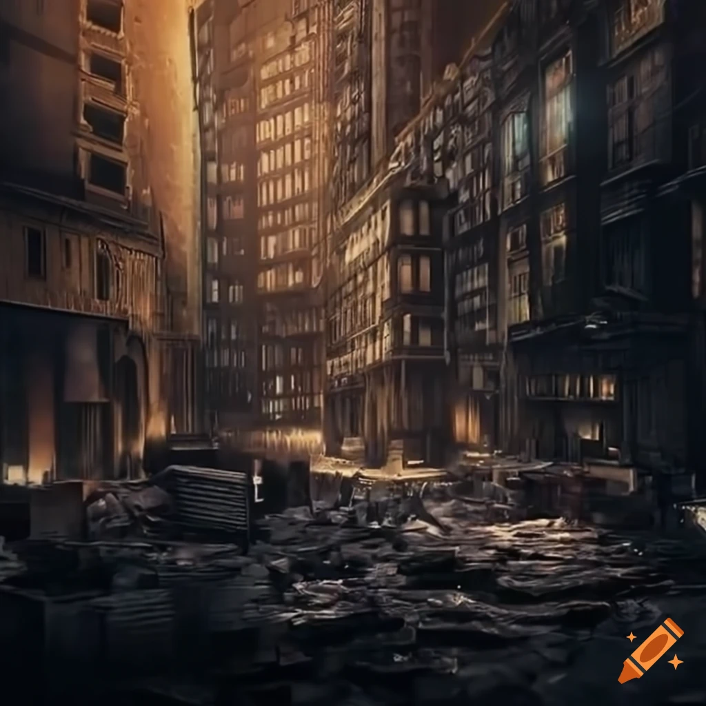 Realistic cityscape with shattered structures and surreal chaos on Craiyon