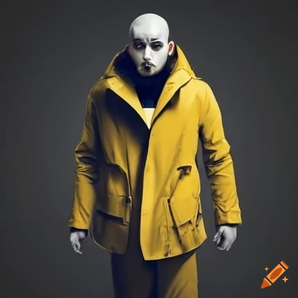Man in yellow jacket walking with half body facing camera on Craiyon