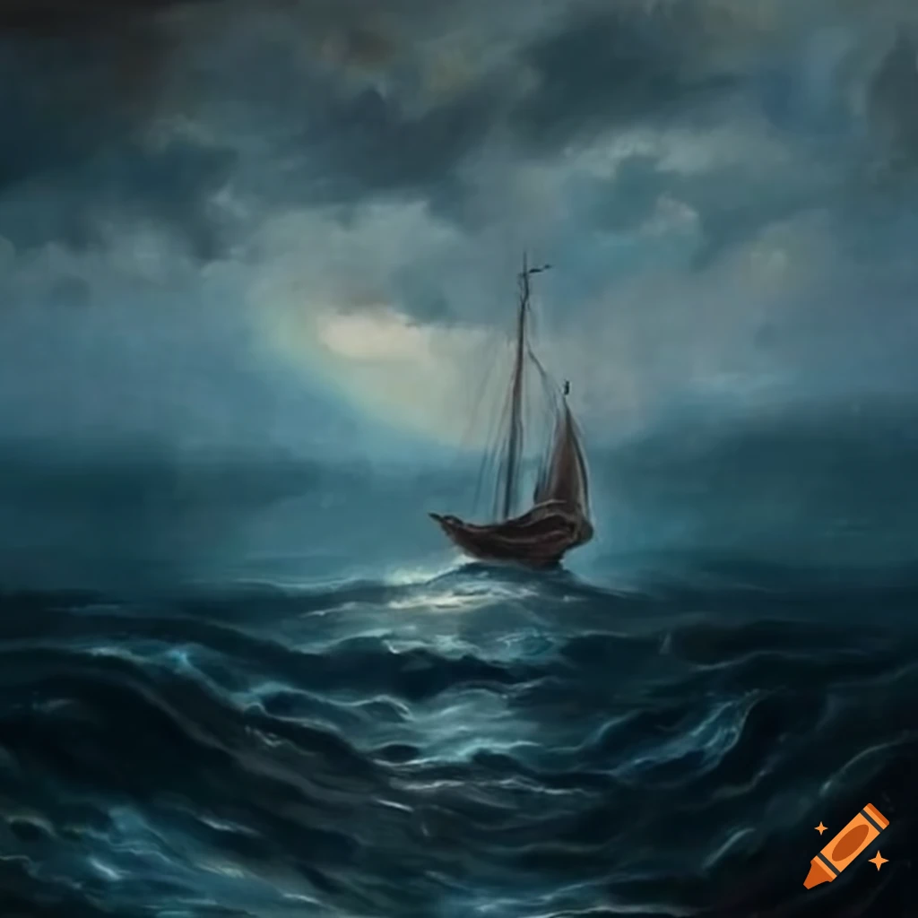 19th-century sailing boat lost at sea in an impressionist-style ...