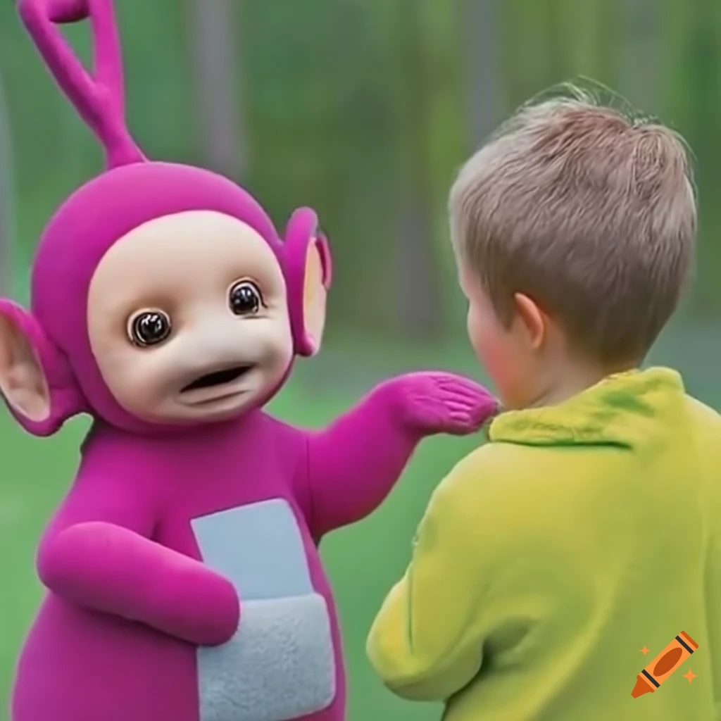 Female teletubby offering a piggyback ride to a boy on Craiyon