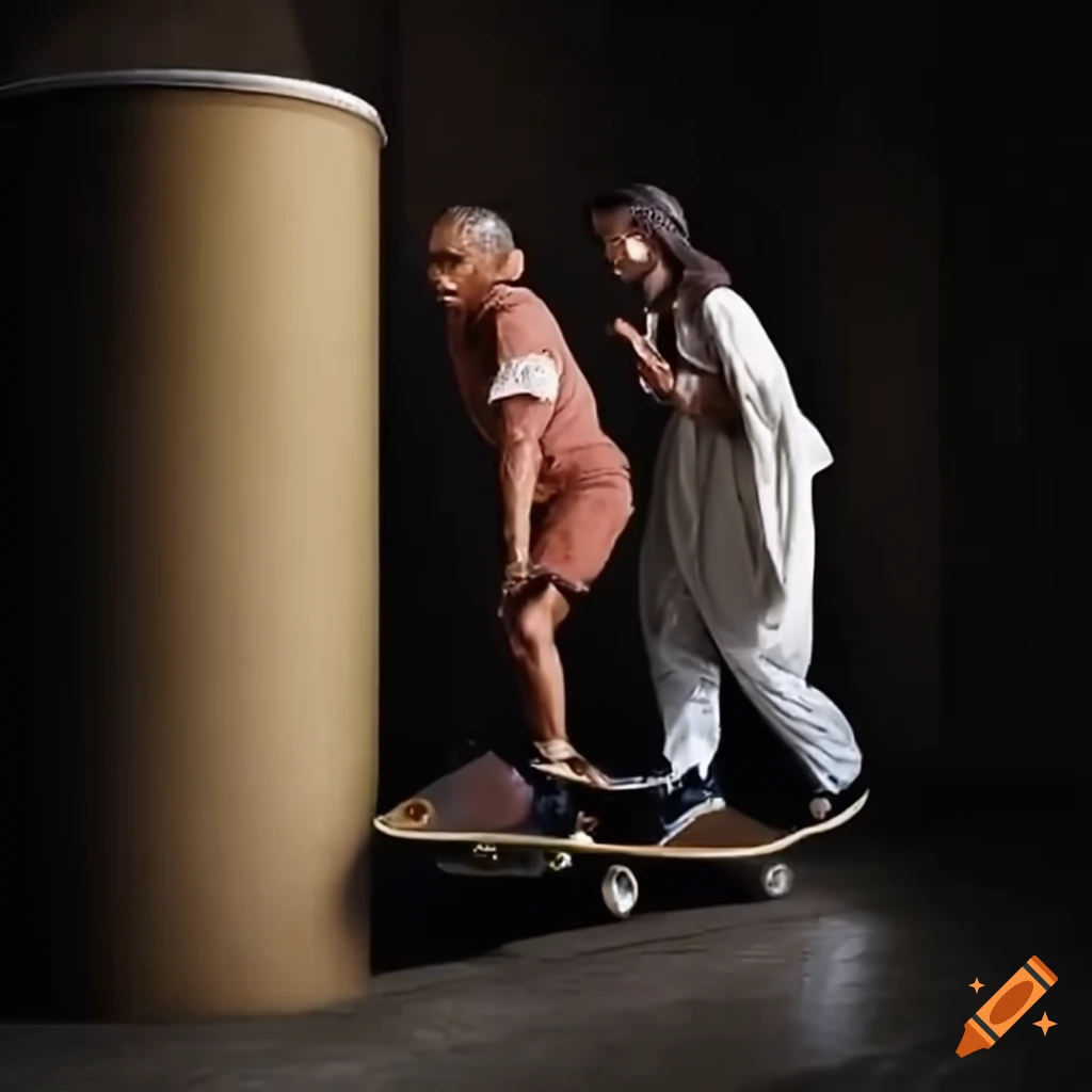 Obama skateboarding with Jesus in hyperrealism style on Craiyon