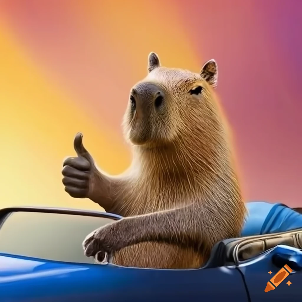 Happy capybara in a convertible car giving a thumbs up on Craiyon