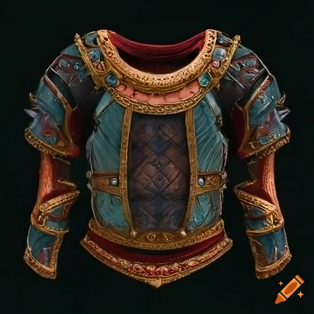 Front view of a decorated magical ringmail cuirass on Craiyon