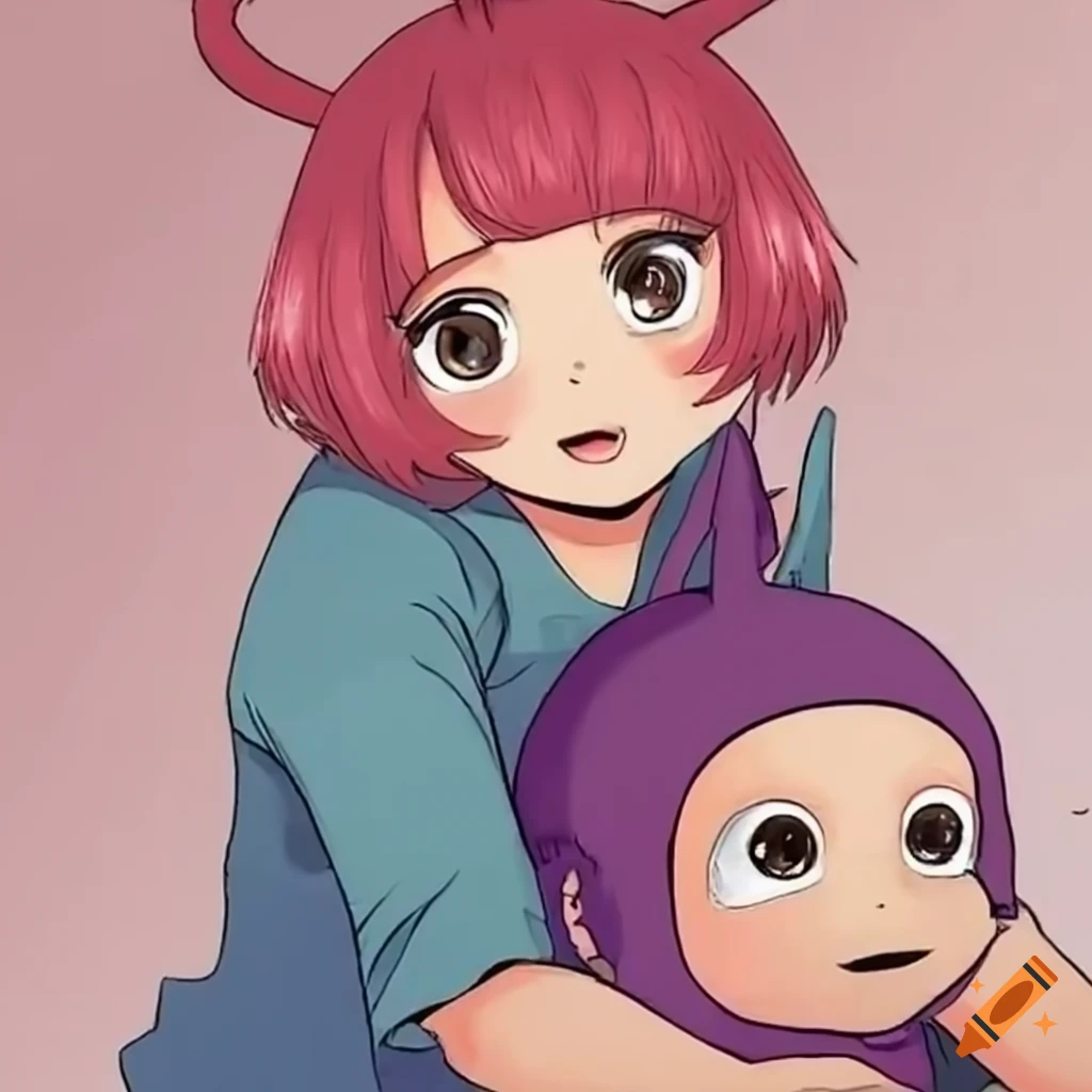 Female teletubby offering a piggyback ride to a boy on Craiyon