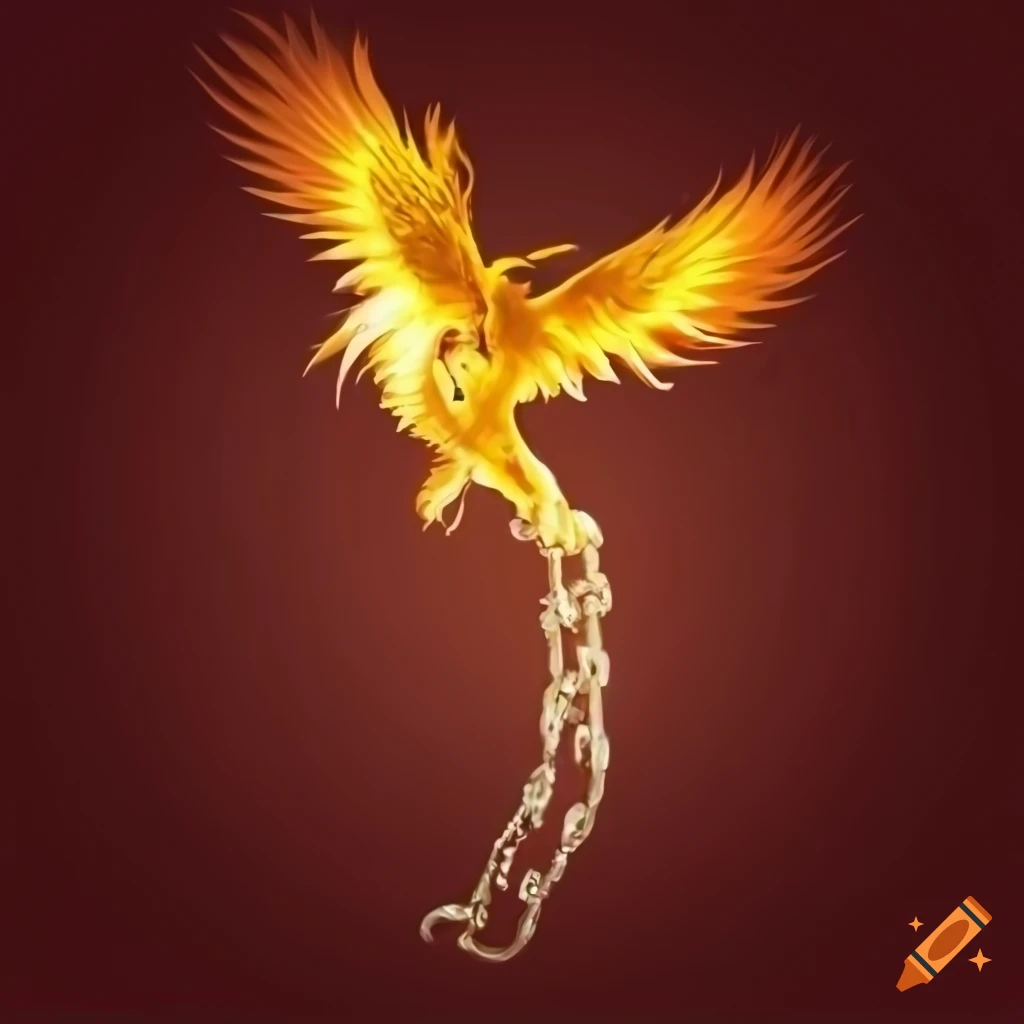 Yellow glowing phoenix with a chain on its mouth against a maroon ...