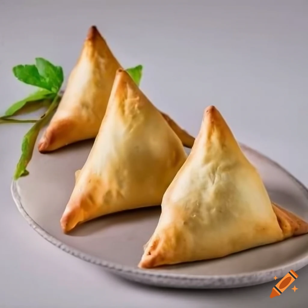 Delicious samosas with coriander leaves on a light background on Craiyon
