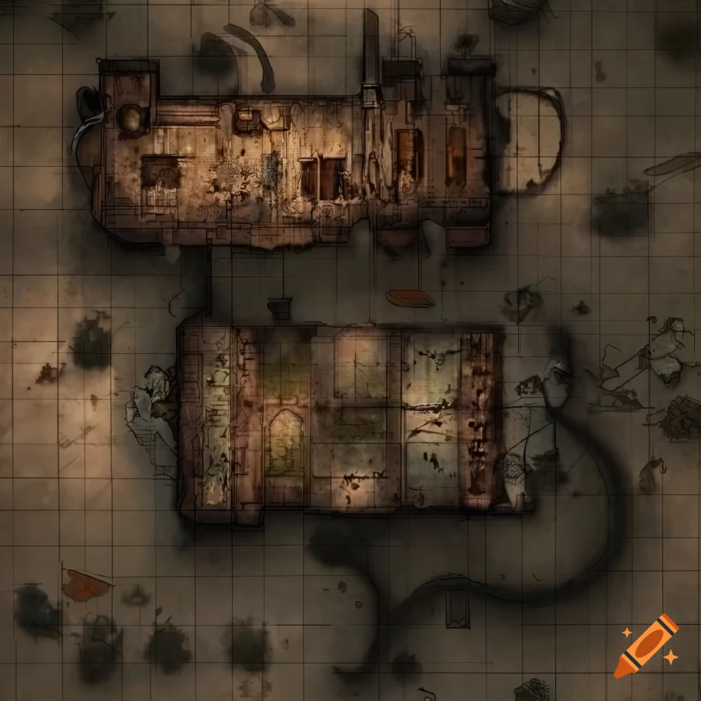 Top-down post-apocalyptic battlemap on Craiyon