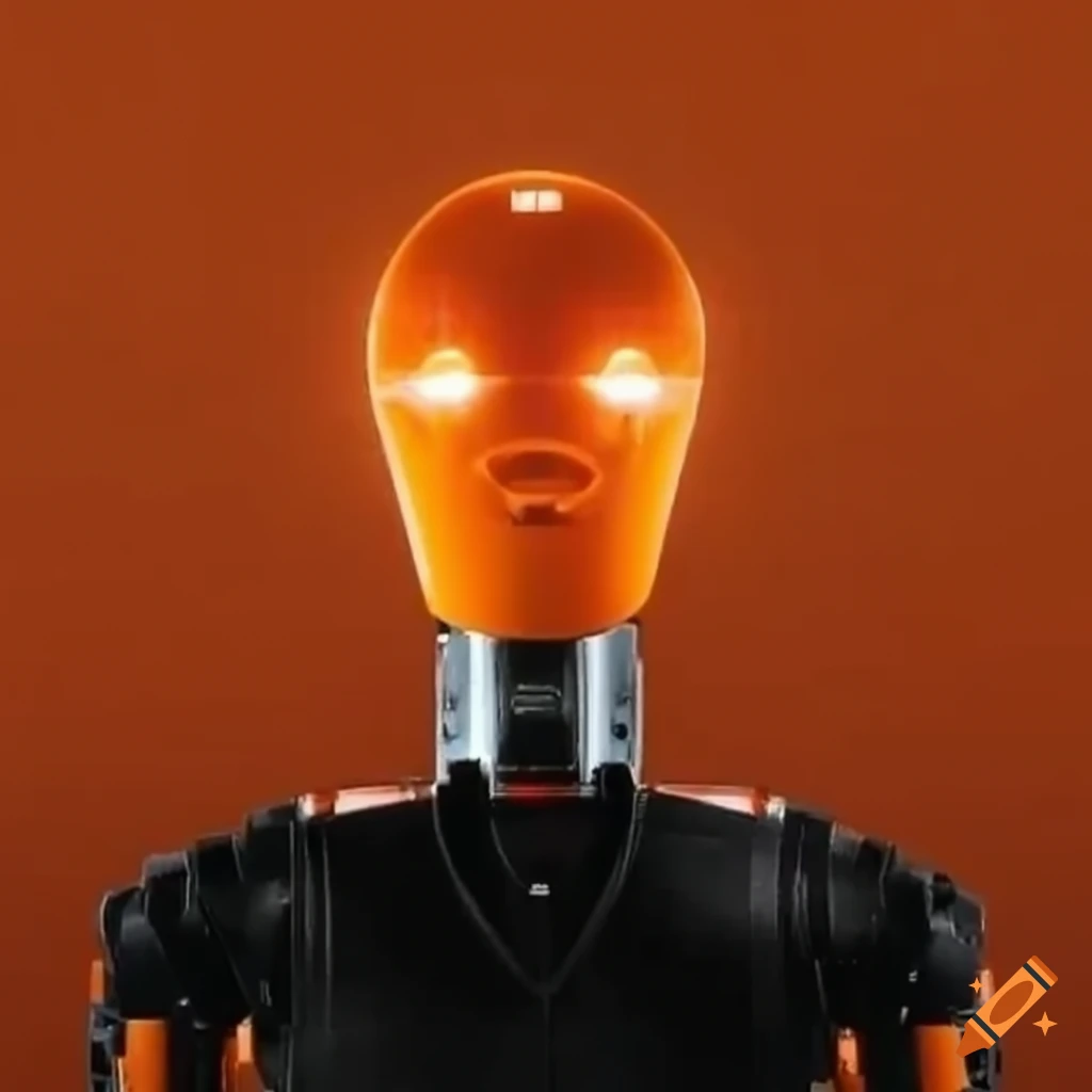 Orange humanoid robot with finger-light head on Craiyon