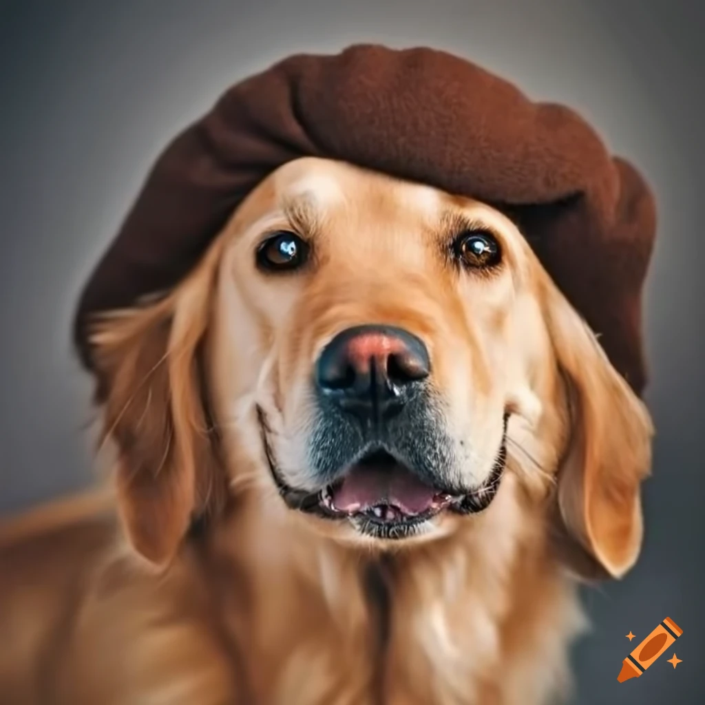 Golden retriever dog wearing a brown beret on Craiyon